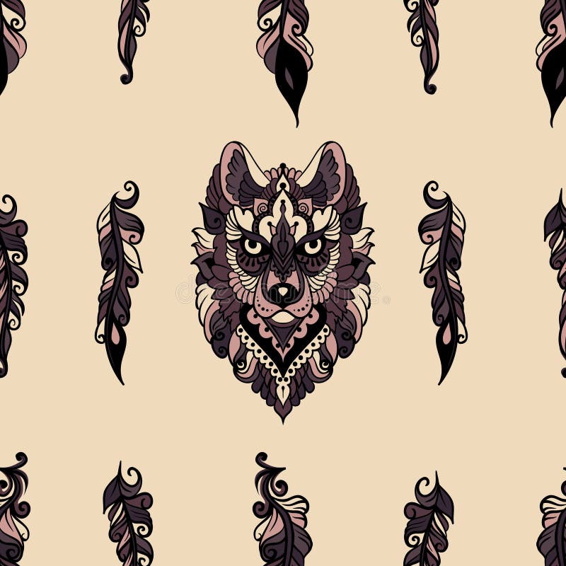 Seamless Pattern with Wolf and Feathers Stock Vector - Illustration of ...