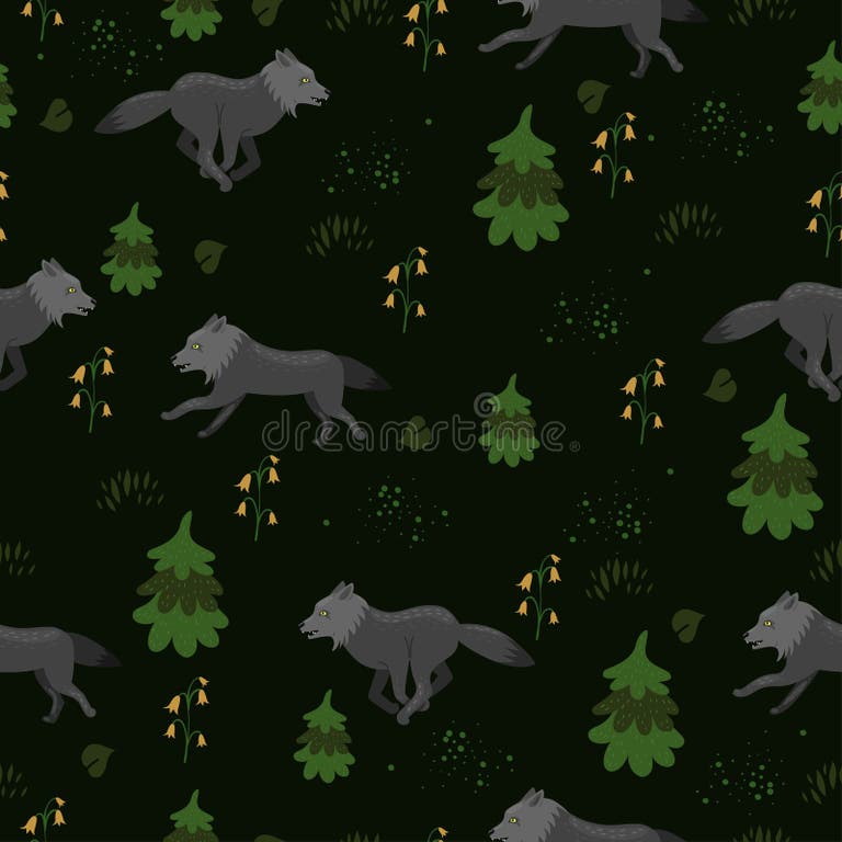 Seamless Pattern with Wolves in the Forest. Vector Graphics Stock ...