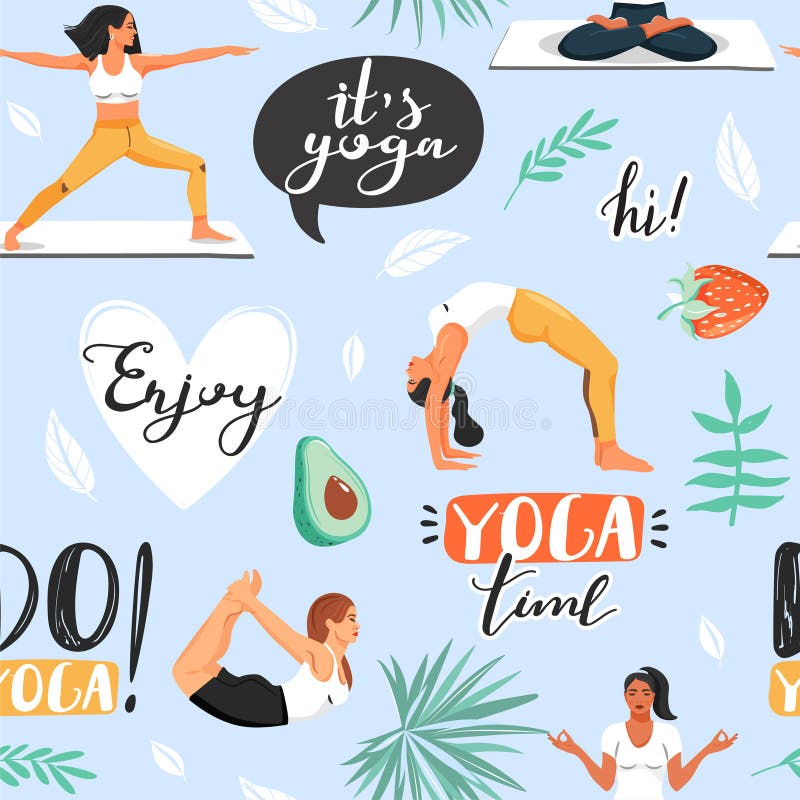 Seamless Pattern With Women In Various Yoga Poses Lettering Phrases