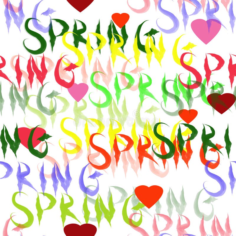 A Seamless Pattern of the Words `SPRING` and Hearts of Different Colors ...