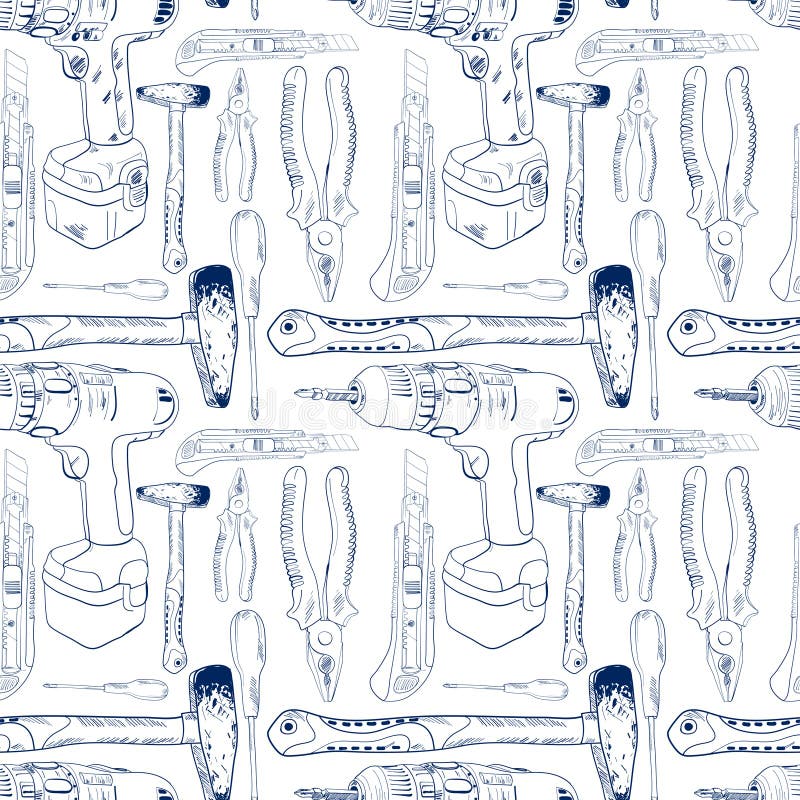 Seamless Pattern, Working Tools in Sketch Style Stock Vector ...