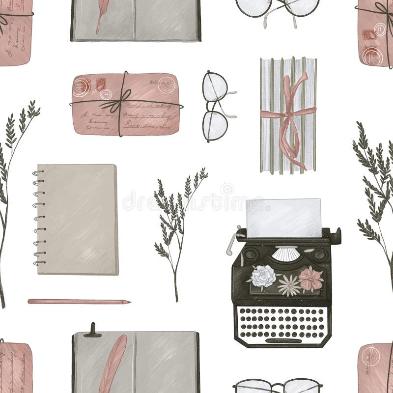 Seamless Pattern with Writer Items. Hand-drawn Illustrations Stock ...