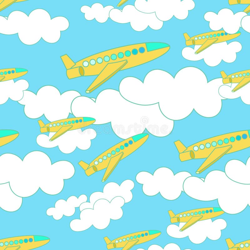 Seamless Pattern with Yellow Airplane and Clouds on Sky Stock Vector ...