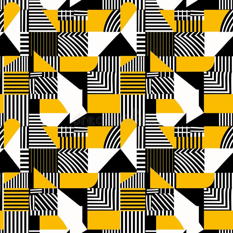 Seamless Pattern of Yellow, Black and White Abstract Geometric Shapes ...