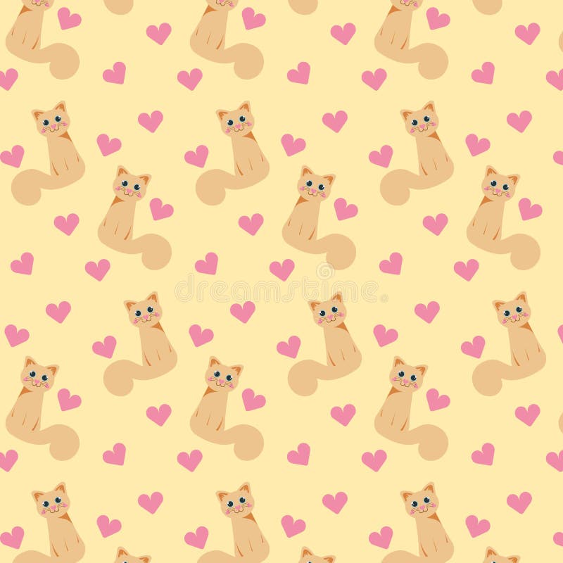 Seamless Pattern with Yellow Cats and Pink Hearts on Yellow Background ...
