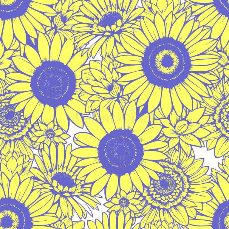 Seamless Pattern of Yellow Daisies with a Blue Outline on a White ...