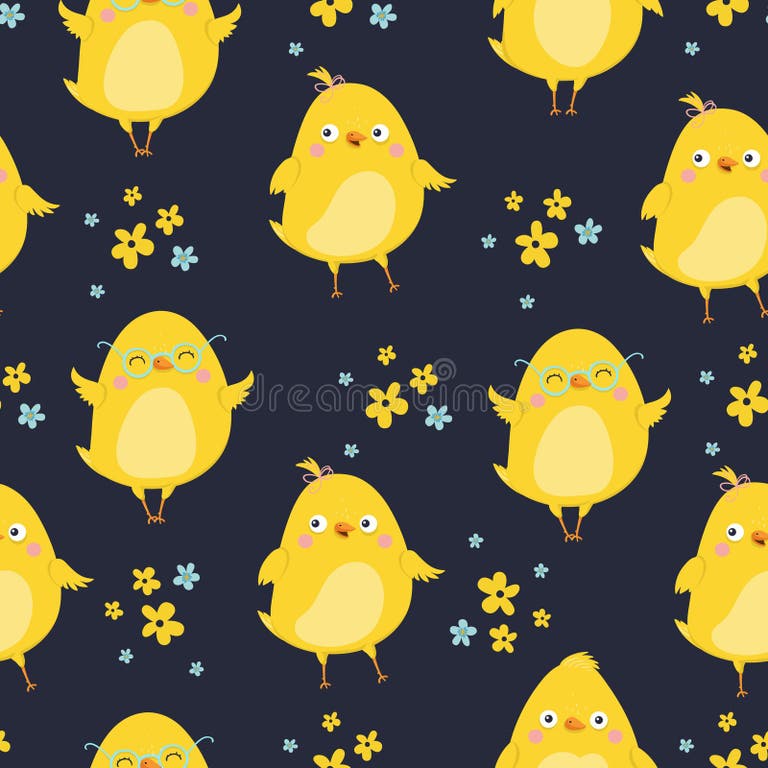 Seamless Pattern with Yellow Funny Chicken Chick. Funny Yellow Chickens ...