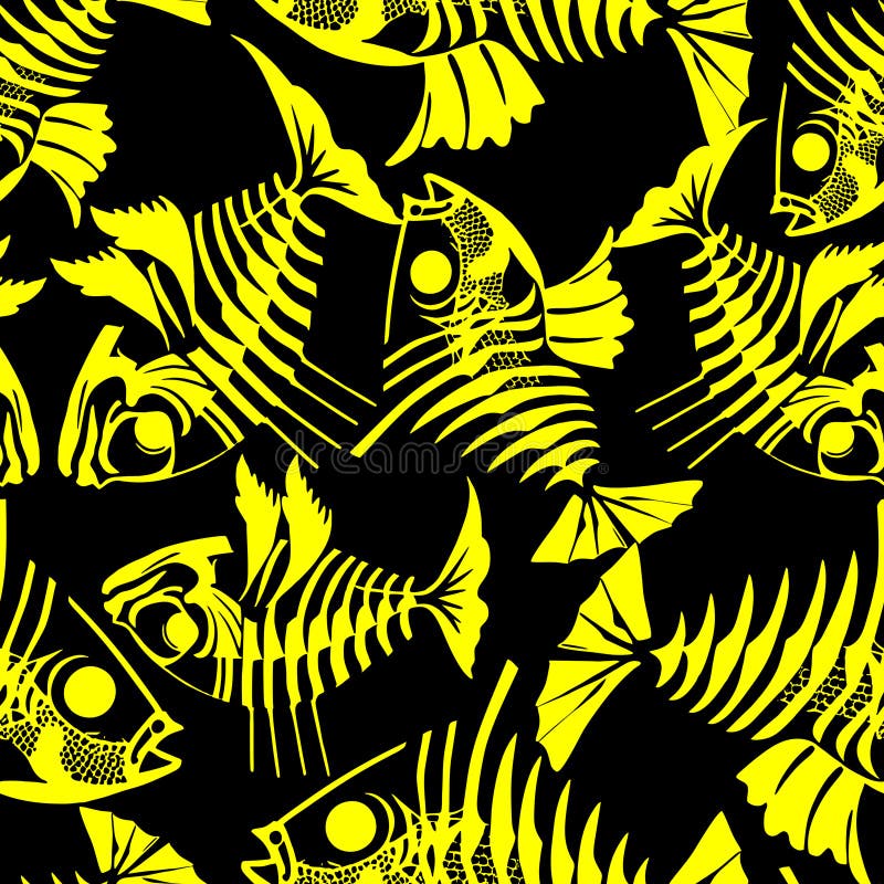 Seamless Pattern of Yellow Graphic Fish Skeletons on a Black Background ...