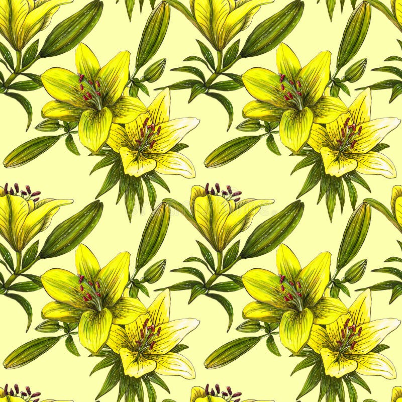 Seamless Pattern of Yellow Lilies on the Light Yellow Background Stock ...