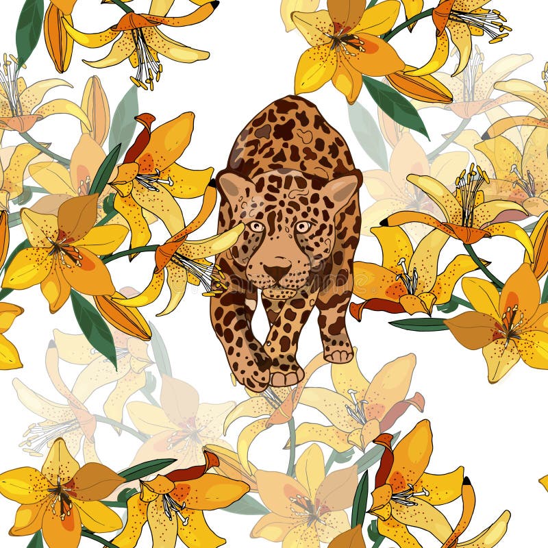 Seamless Pattern with Yellow Lilies and Tiger. Stock Illustration ...