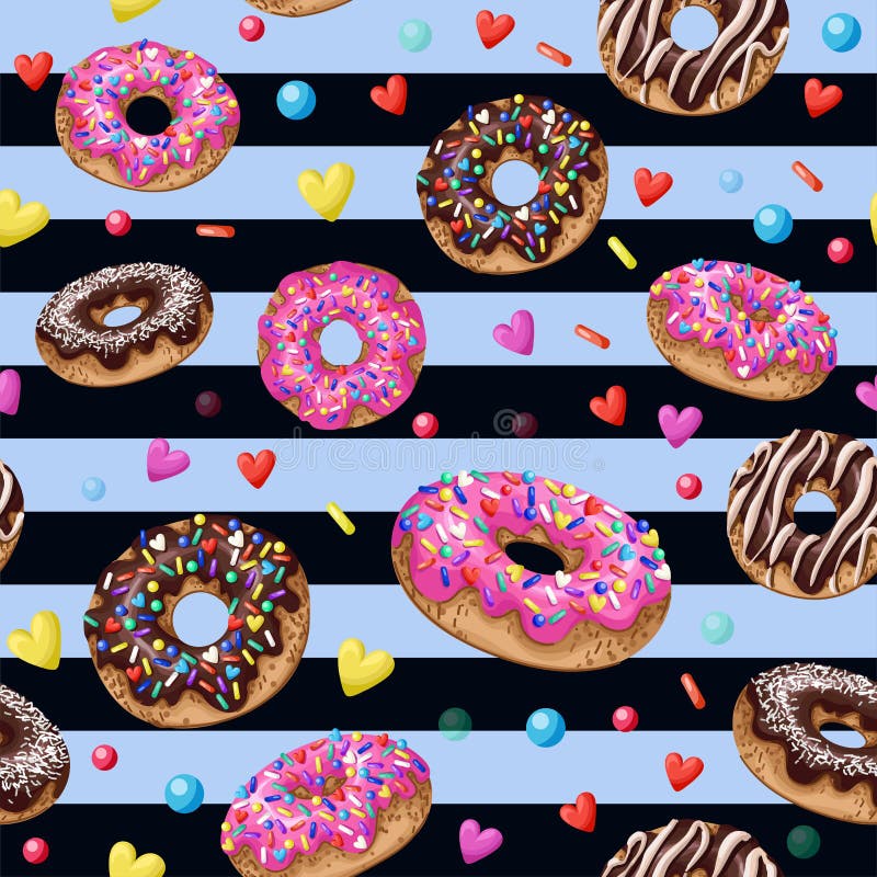 Seamless Pattern with Yummy Donuts on Striped Background. Vector. Stock ...