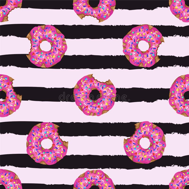 Seamless Pattern with Yummy Donuts on Striped Background. Vector. Stock ...