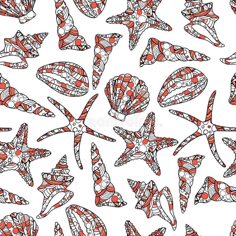 Seamless Pattern in Zen Art Style with Conch Shells and Seastars on ...