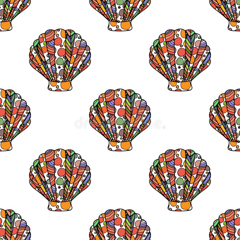 Seamless Pattern with Zen Art Style Shells on White Background Stock ...