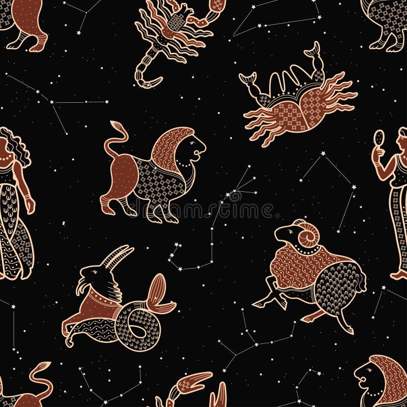 Seamless Pattern with Zodiac Signs. Vector Illustration. Starry Sky ...