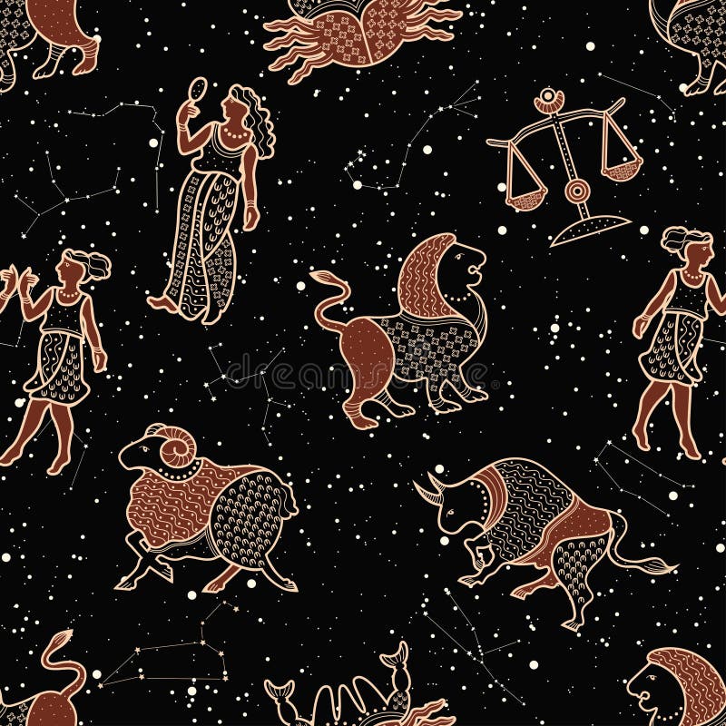 Seamless Pattern with Zodiac Signs. Vector Illustration. Starry Sky ...