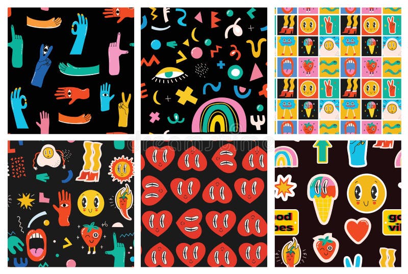 Seamless Patterns with Crazy Comic Faces and Colorful Geometric Shapes ...