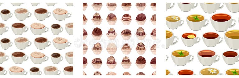 Seamless Patterns with Cups of Coffee and Tea with Sweets. Endless ...
