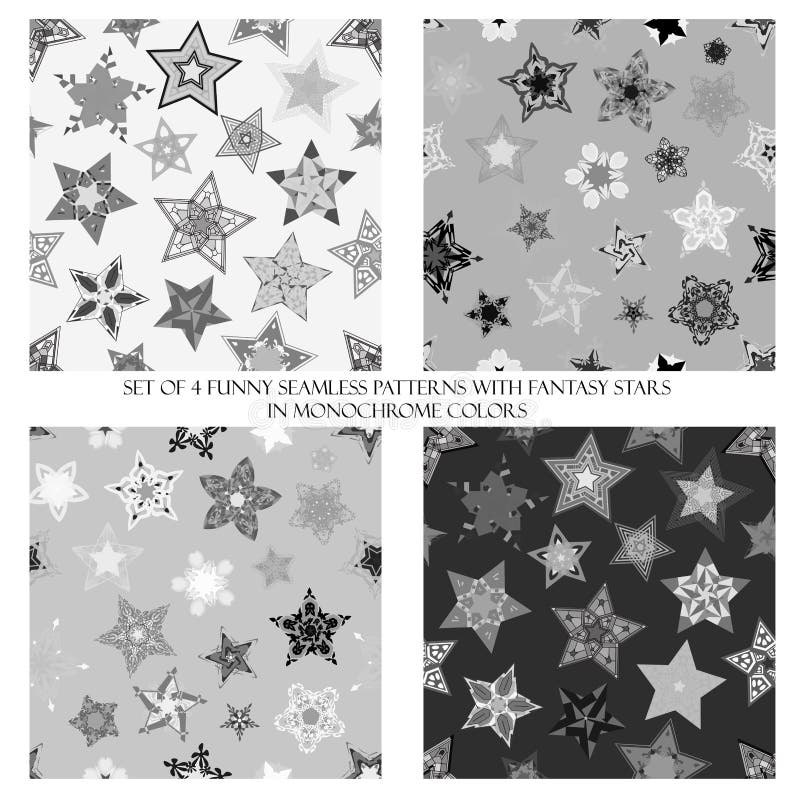 Seamless Patterns with Fantasy Stars in Monochrome Colors Stock Vector ...