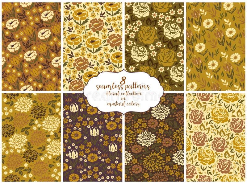8 Seamless Patterns Floral Collection in Mustard Colors. Vector ...