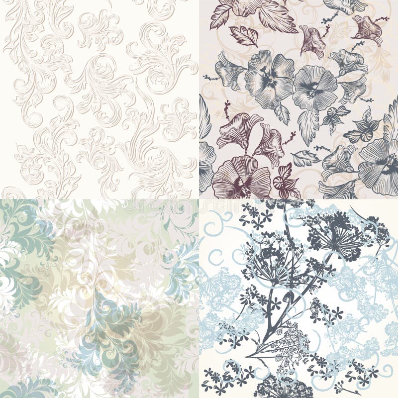 Seamless Patterns with Floral Ornament in Soft Classic Colors Stock ...