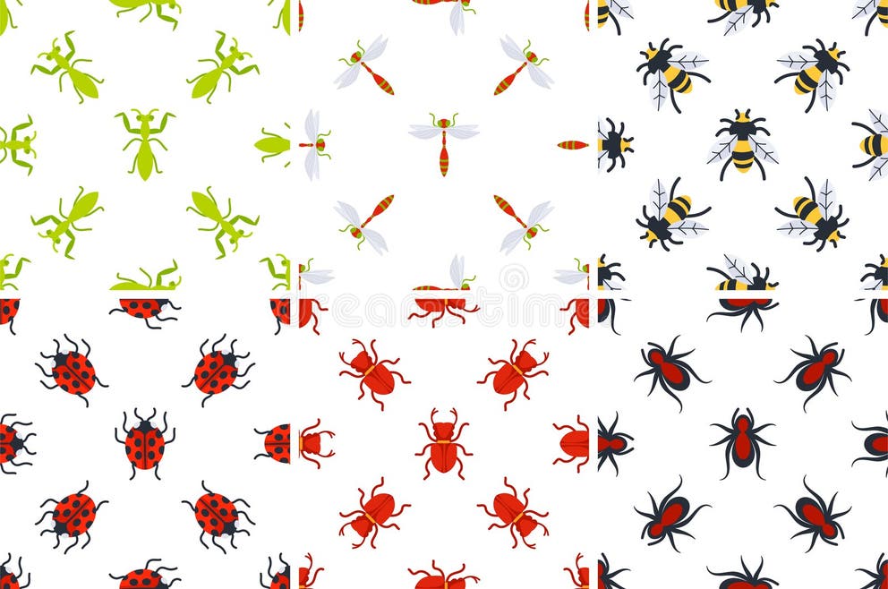 Seamless Patterns with Insects Including Praying Mantis, Dragonfly, Bee ...