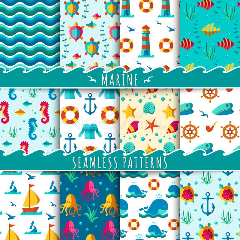 Seamless Patterns with Nautical Elements Vector. Stock Vector ...