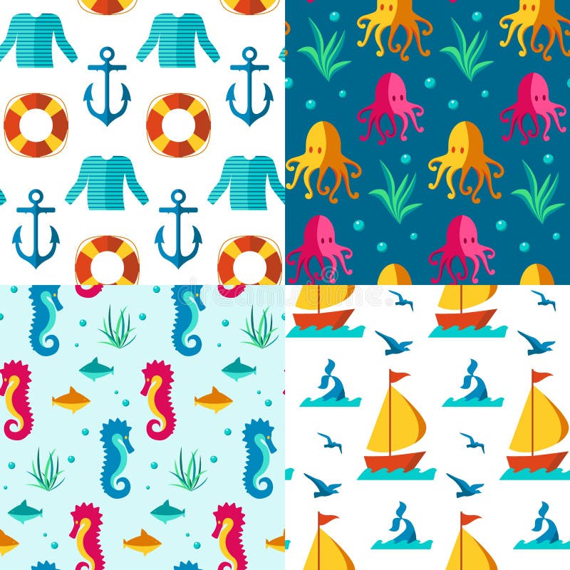 Seamless Patterns Nautical Elements Stock Illustration - Illustration ...