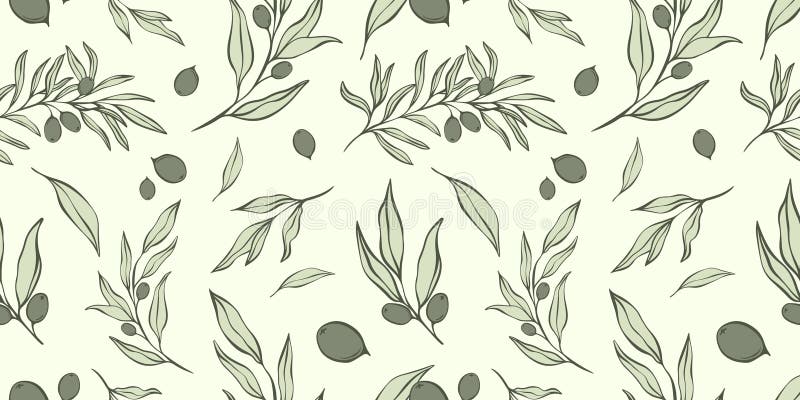 Seamless Patterns with Olive Branch in Modern Minimal Liner Style ...