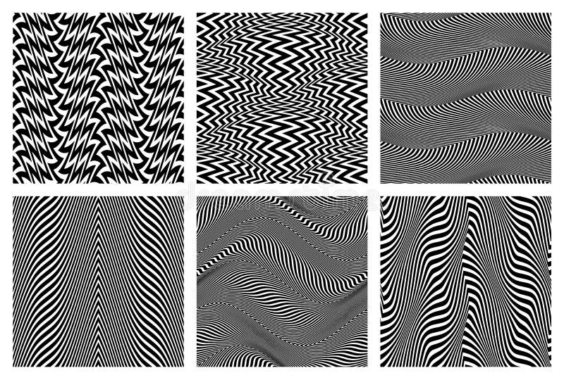 Seamless Patterns Set of Black White Distorted Stripes. Optical ...