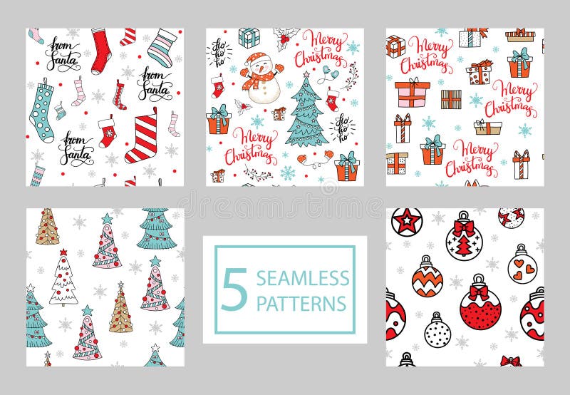 Seamless Patterns Set with Different Christmas Elements Stock Vector ...