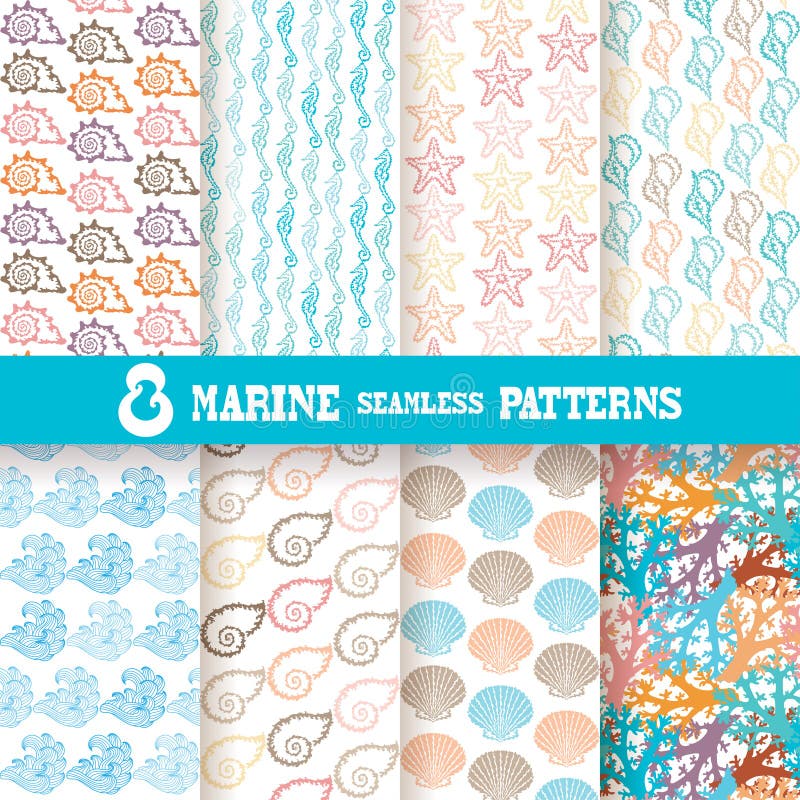 Sea and Nautical Seamless Patterns Set. Stock Vector - Illustration of ...
