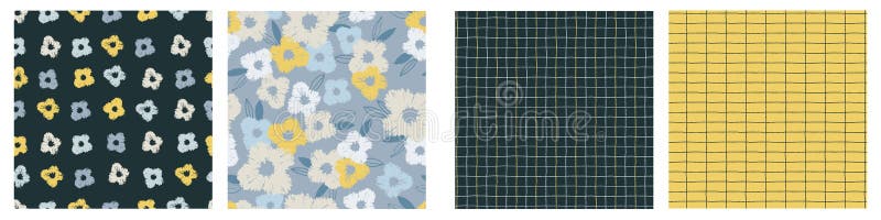 Seamless Patterns Set with Hand Drawn Meadow Flowers in Ditzy Style for ...