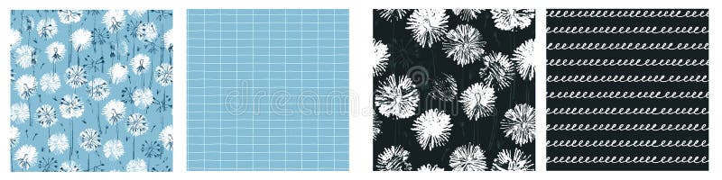 Seamless Patterns Set with Hand Drawn Meadow Flowers in Ditzy Style for ...