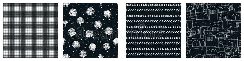Seamless Patterns Set with Hand Drawn Meadow Flowers in Ditzy Style for ...
