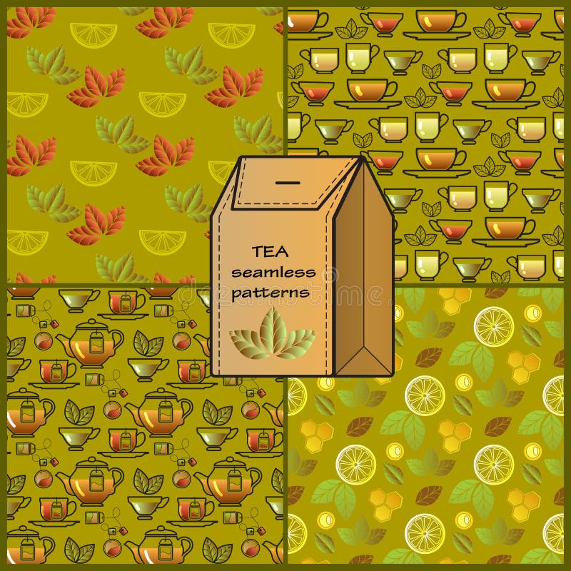 Seamless Patterns Set with Tea Cup, Pot, Lemon and Leaf. Stock Vector ...