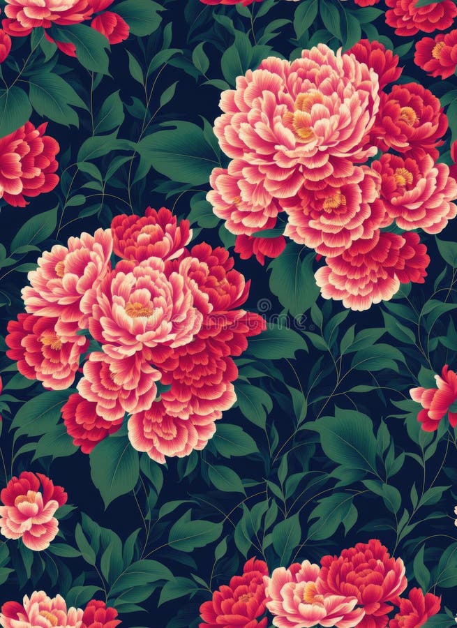 Seamless Peony Flowers and Leaves Pattern Flat Design Stock ...