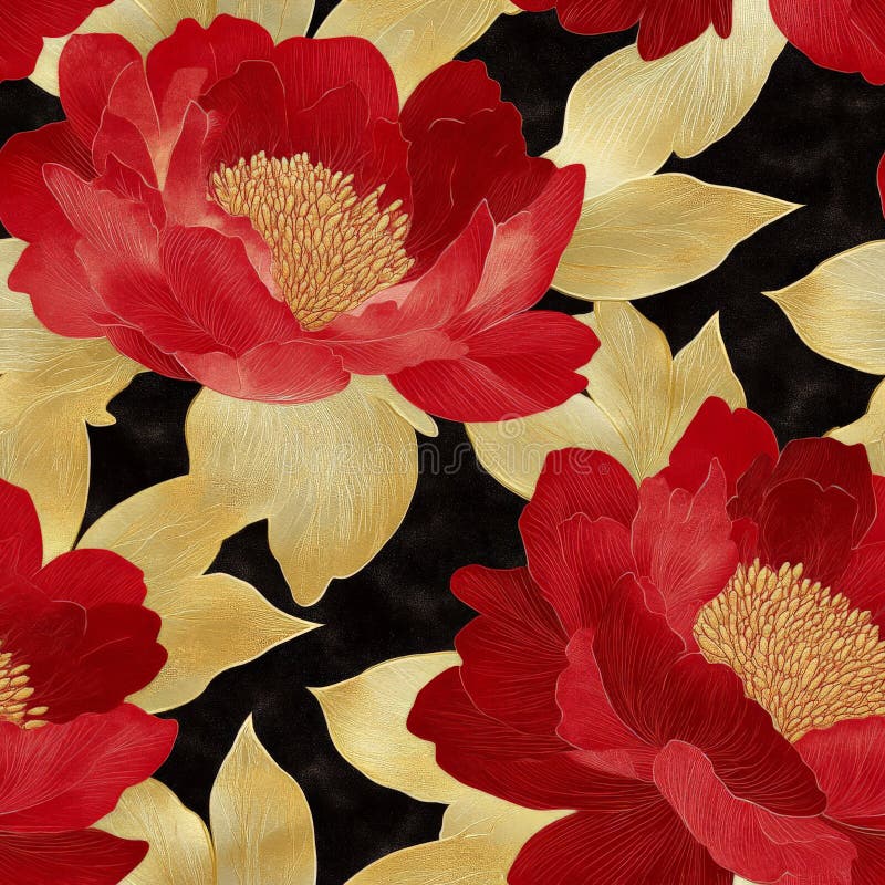 Seamless Peony Pattern Rich Red Gold Petals Symbolizing Wealth Stock ...