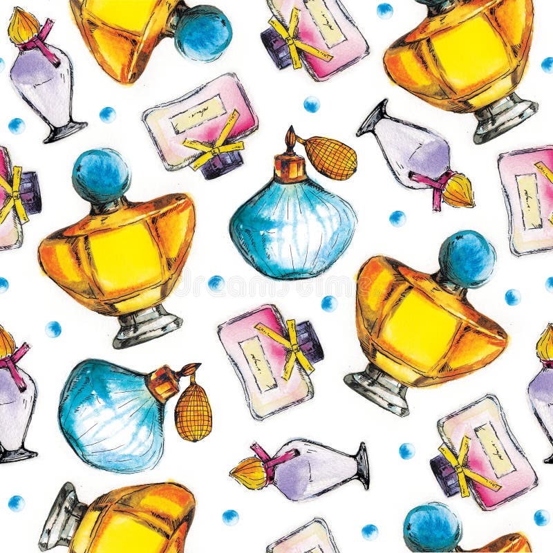 Perfume Bottle Seamless Pattern, Watercolor Illustration. Stock ...