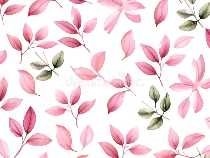 Seamless Pink and Green Leaves Pattern with Watercolor Effect Stock ...