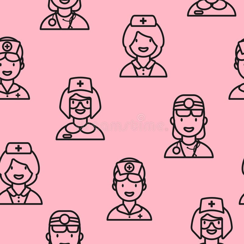 Seamless Pink Pattern with Line Icons of Nurses, Vector. Stock Vector ...