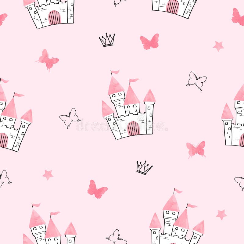 Seamless Princess Pattern with Castle and Butterflies. Stock Vector ...
