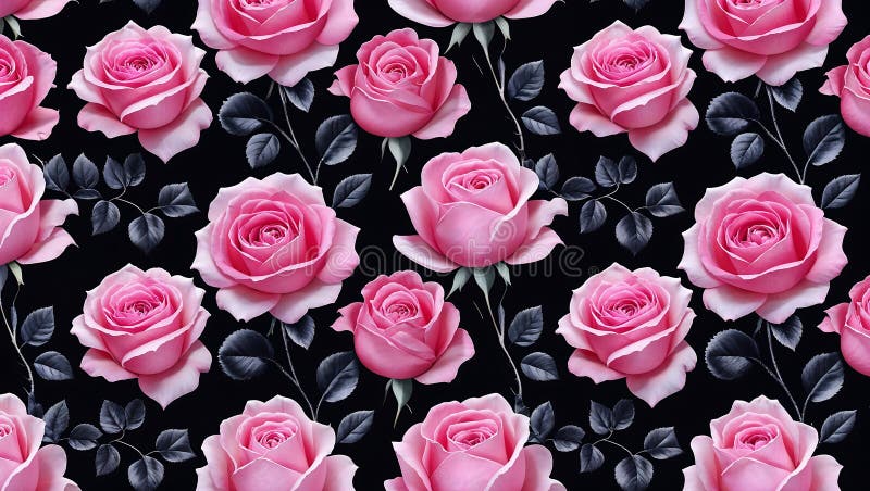 Seamless Pink Rose Pattern with Realistic Layers on Dark Background ...