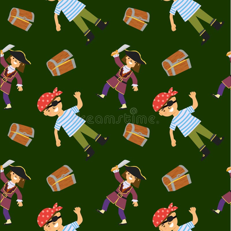 Seamless Pirate Pattern with Cartoon Characters and Treasure Chests ...