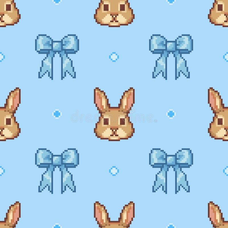 Seamless Pixel Art Pattern of Cute Brown Bunnies and Soft Blue Bows in ...