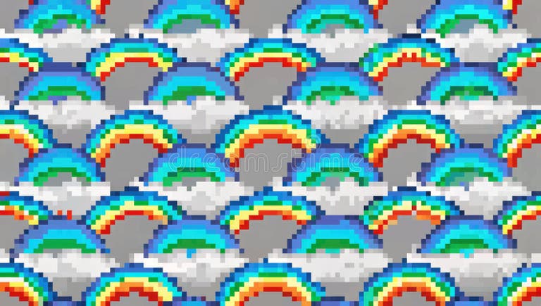Seamless Pixel Art Pattern with Rainbows and Clouds in Vivid Colors ...