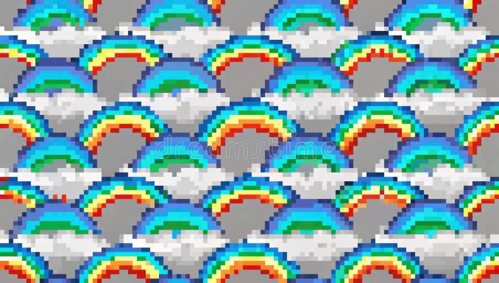 Seamless Pixel Art Pattern with Rainbows and Clouds in Vivid Colors ...