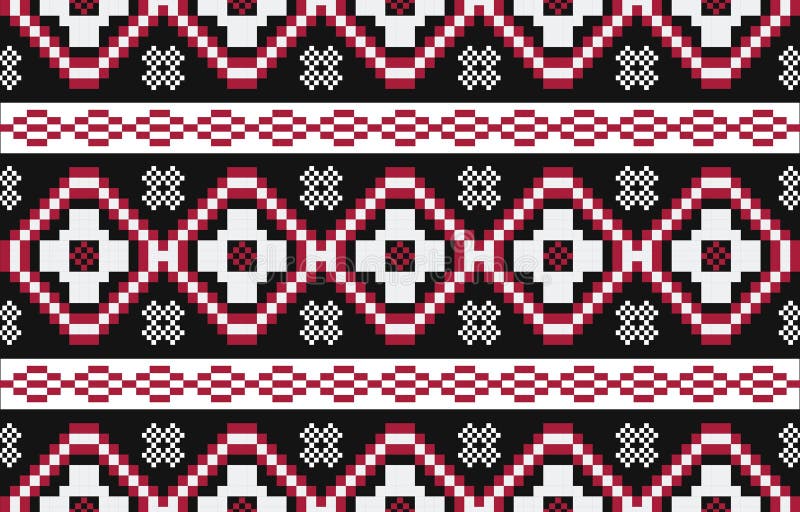 Seamless Pixelated Folk Art Pattern Design Red White Black Geometric Textile Fabric Stock Vector ...