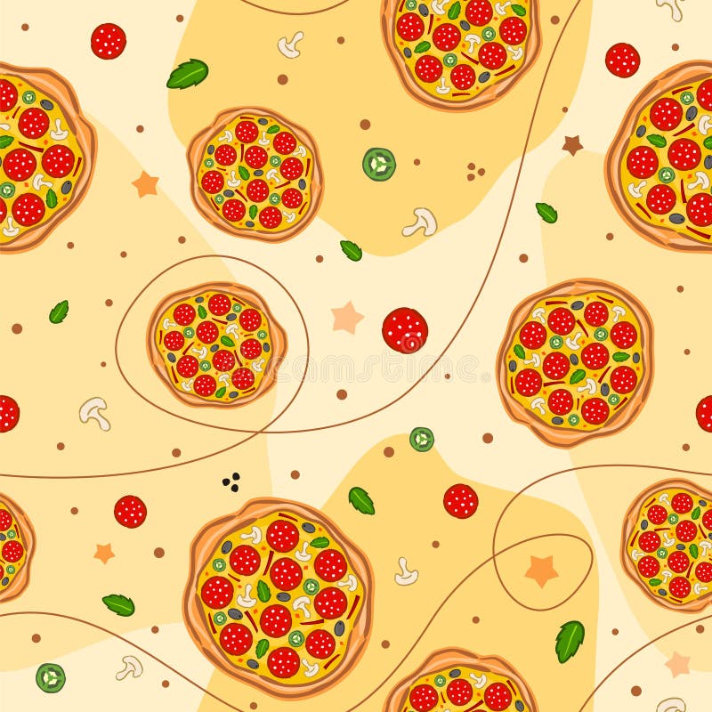Seamless Pizza Pattern. Background with Pizzas and Ingredients Stock ...