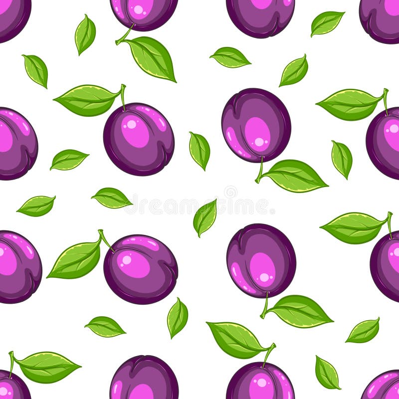 Seamless Plum Pattern with Leaves Stock Illustration - Illustration of ...